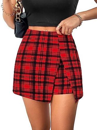 Floerns Jupe-short taille haute avec fermeture &eacute;clair sur le devant pour femme - Imprim&eacute; &eacute;cossais, rouge/noir, Taille L