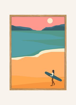 Any Image Any Image Wandbild Bunte Surfer-Illustration Mit Rahmen weiss