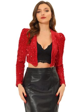 Allegra K Damen Pailletten Jacke Langarm Party Club Offen Glitzer Cardigan Kurzjacke Glitzer Bolero Rot 3XL
