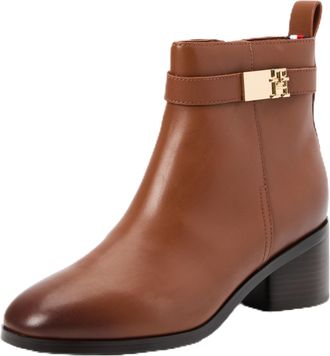 Tommy Hilfiger Damen Mid Boot Stiefel Mid Heel aus Leder, Cognac Brown (Braun), 36