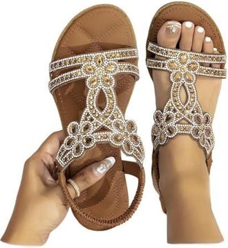 Generic Sandales plates avec strass pour femme - Large largeur - Confortables - Antid&eacute;rapantes - Style d&eacute;contract&eacute; - Sangle boh&egrave;me - Chaussures de marche r&eacute;gl