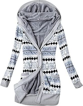 Generic 2026 Vestes &agrave; capuche pour femmes, manteau tricot&eacute; &eacute;pais imprim&eacute;, boutonn&eacute;, grande taille, manteau dext&eacute;rieur mi-long, bleu, XXL