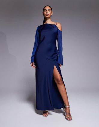 Asos Robe mi-longue avec encolure asymétrique et détail noué au dos - Bleu-Bleu marine