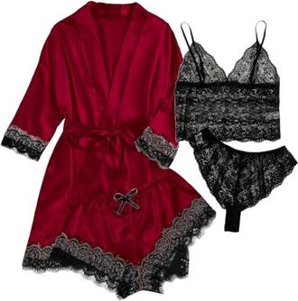 Generic Pyjama Femme Satin de Soie Unisexe Grande Taille 4 Pi&egrave;ces Ensembles de Pyjama Short et Caraco Lingerie Sexy Automne Hiver Manche Longue V&ecirc;tements de N