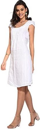 Bonateks Robe Femme 100% Lin Fabriquée en Italie, Robe Longue à col Rond et pliure à lavant Manches Courtes, Blanc, Taille: S
