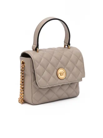 Versace Womens Taupe Quilted Leather Handbag Beige Bag