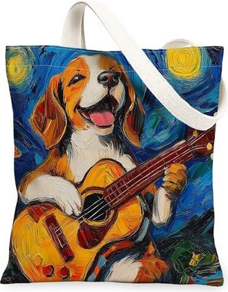 Generic Sac fourre-tout en toile motif chien beagle pour faire du shopping, 33 x 38,1 cm, motif guitare &eacute;toil&eacute;e, sac d&eacute;picerie r&eacute;utilisable, sac &agrave; bandouli&egrave;re