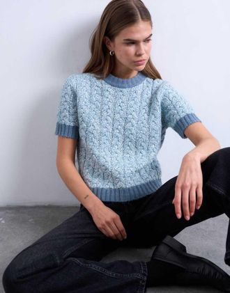 Topshop Kurz&auml;rmliges Strickoberteil in Hellblau mit Zopfmuster