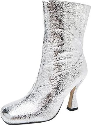 Generic Bottes brillantes à talon haut avec fermeture éclair pour femme, Argenté., 38 EU