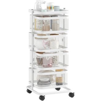 HOMCOM Resserre &agrave; l&eacute;gumes - HOMCOM - 4 paniers rotatifs sur roues - plateau - &eacute;tag&egrave;re en fil dacier - 33x33x77cm - blanc