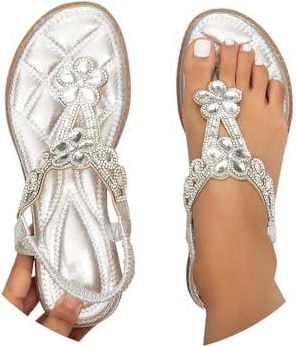 Generic Sandales plates d&eacute;t&eacute; d&eacute;contract&eacute;es et l&eacute;g&egrave;res &agrave; enfiler en similicuir avec barre en T et strass pour femme, D argent&eacute;., 38.5 EU