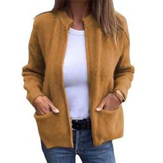 Generic Veste tricotée à col rond et fermeture éclair avec poches, cardigan en tricot à fermeture éclair pour femme - Solide à manches longues - Style décontr