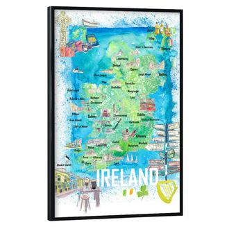 artboxONE Poster mit schwarzem Rahmen 60x40 cm Reise Ireland Illustrated Signpost Map - Bild Irland Wanderlust