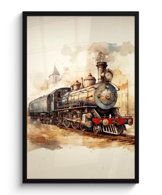 MuchoWow &copy; Wandbilder mit Rahmen 60x90 cm Wanddeko Bilder Wohnzimmer Moderne Zimmerdeko Geschenk Bilderrahmen Vintage - Zug - Gleis - Geb&auml;ude - Beige