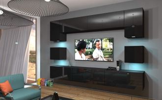 Furnitech Wohnwand Wohnzimmer | Wohnzimmer Möbel mit LED RGB - 16 Farben | Hängend Wohnwand Modern | Wohnzimmer Schrankwand mit Regale und TV Schrank (Nowara AN