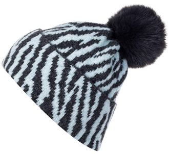 styleBREAKER Damen Bommelm&uuml;tze Strick mit Zebra Muster | warme Strickm&uuml;tze mit Kunstfell Pompon | elastische Winter Beanie Pudelm&uuml;tze Viskose, Farbe:Dunkelgrau-Hel