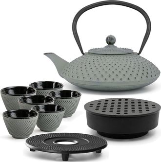Bredemeijer gr&uuml;ne Teekanne 1.25 Liter Gusseisen - flache Asia Gusskanne Induktion im Set mit 6 Teebecher (Tassen) Untersetzer & Teew&auml;rmer & Teefilter-Sieb-Einsatz