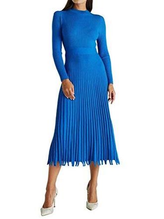 Minetom Femmes Chandail Robe de Soirée Manches Longues Chaud Robes de Cocktail Chic Pull Tricoté Plissée Une Ligne Midi Dress Bleu Foncé 36