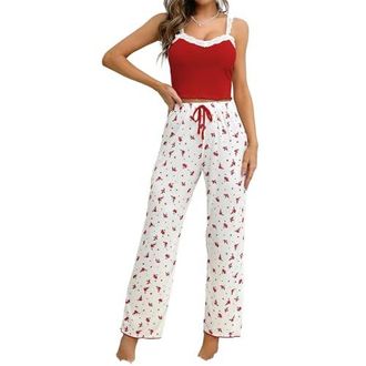 Generic Ensemble Pyjama Femme Deux pièces, Haut Court Dos Nu sans Manches, Dentelle, Pantalon Taille Haute imprimé, Tenue de Nuit Douce et Confortable