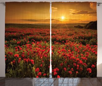 Abakuhaus Mohn Rustikaler Gardine, Sunset Meadow Ackerland, Schlafzimmer Kr&auml;uselband Vorhang mit Schlaufen und Haken, 280 x 175 cm, Ringelblume Scharlachrot