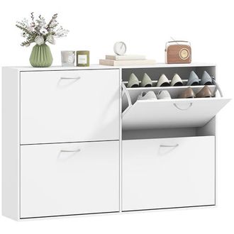 HOMCOM Armoire à Chaussures Meuble à Chaussures Grande Taille dim. 120L x 24l x 81H cm 4 Portes abattantes Double Niveau en Bois Blanc