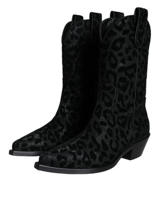 Dolce & Gabbana Womens Black Gray Leopard Cowboy Boots Shoes And