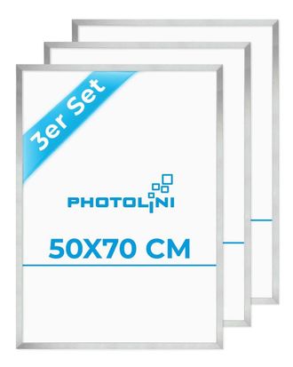 Photolini Bilderrahmen 50x70 Holz MDF 3er Set Silber, 50x70 cm Bilderrahmen gro&szlig;, Rahmen 70x50 Puzzle, bruchsicheres Acrylglas, picture frame zum Aufh&auml;ngen, Fot