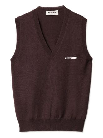 Miu Miu d&eacute;bardeur &agrave; logo en intarsia et col v - Marron
