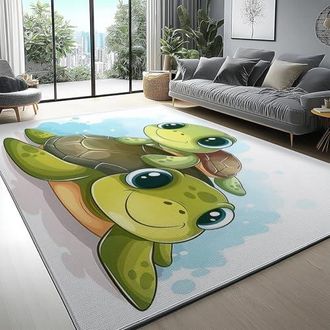 Generic Tapis Salon Imprimé Vert Clair Antidérapant Lavable, Poil Court Doux Rectangle Illustrations Dessins animés Tortues à laquarelle pour Chambre Cuisine 