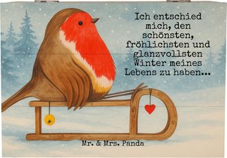 Mr. & Mrs. Panda Aufbewahrungsbox Rotkehlchen Schlitten Design 22 x 15 cm - Geschenk, Vogel, Holzkiste, Holzbox, Weihnachten, aus Holz, Holzkisten, holztruhen
