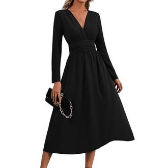 Generic Robe midi dautomne &agrave; manches longues et col en V pour femme, robe enveloppante cintr&eacute;e &agrave; la taille, &eacute;l&eacute;gante et d&eacute;contract&eacute;e, robe formelle pour invit