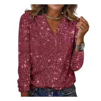 Generic Chemises pour le r&eacute;veillon du Nouvel An, col en V, manches longues, paillettes, haut &agrave; manches longues pour femme, rose rouge, XXS