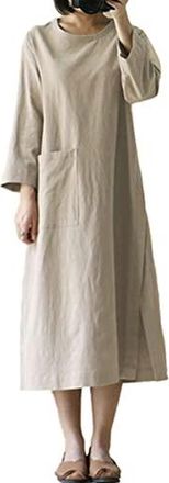 Onsoyours Femmes Coton Lin Robes Décontracté à Manches Courtes Couleur Unie Robes Mi-Longues Robe Evasée Robes Fluides Amples Eté C Abricot L