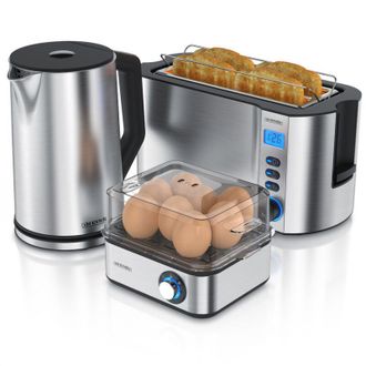 Arendo Fr&uuml;hst&uuml;cks-Set, 8er Eierkocher eightcook, Wasserkocher 1,5l, 4-Scheiben Toaster Langschlitz, Silber - Arendo