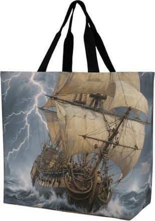 Generic Ancien Voilier Dans La Temp&ecirc;te Sac &Agrave; Bandouli&egrave;re D&eacute;contract&eacute; Tote Bag R&eacute;utilisable Sac A Main Femme Pour Plage Gym Quotidienne