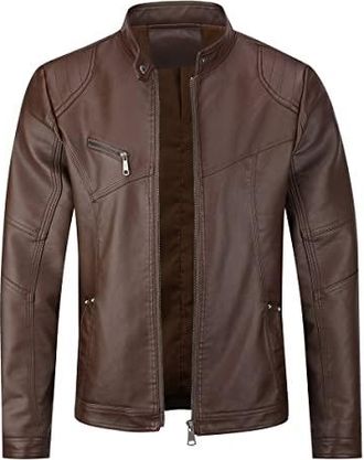 AlltheMen Blouson Homme en Cuir Col Montant Bomber Moto Zippé Fermeture Eclair Casual Veste Cool Classique 08 Café XXL