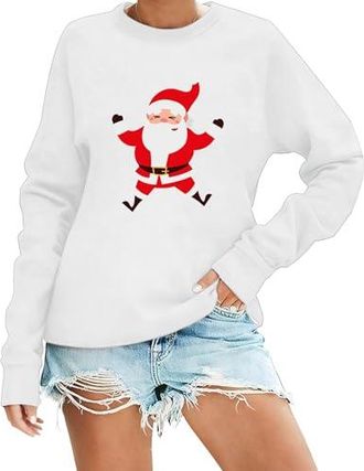Generic Sweat-shirt de Noël pour femme - Pull de Noël moche amusant à col rond - Pull décontracté à manches longues - Imprimé Père Noël mignon - Chemisier pou