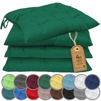 NatureMark Lot de 4 Galettes de Chaises avec Rubans 40x40 cm - Coussin de Chaise Épais pour Intérieur & Jardin - Couleur Vert foncé