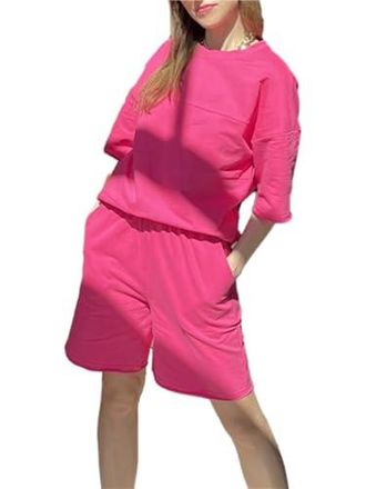 Generic Tenue d&eacute;t&eacute; 2 pi&egrave;ces pour femme, coupe d&eacute;contract&eacute;e, haut &agrave; manches courtes et short &eacute;lastique &agrave; taille haute avec poches, bleu, taille XL pour un usag