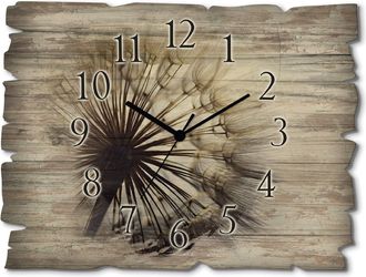Artland Wanddeko Wanduhr ohne Tickgeräusche aus Holz Quarzuhr 40x30 cm Rechteckig Lautlos Blumen Pusteblume Natur Design Nordisch Originell T4RE