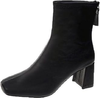 Generic Bottines dautomne et dhiver pour femme, couleur unie, tendance, confortable, bout carr&eacute;, talon carr&eacute;, fermeture &eacute;clair dans le dos, demi-bottes, Noir,