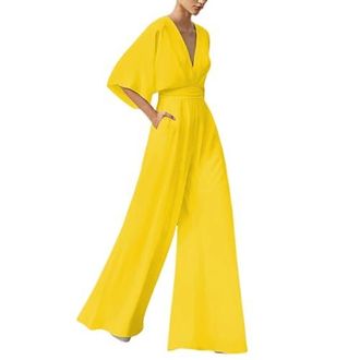Generic Combinaison habill&eacute;e &agrave; manches pour femme - Col en V - Combinaison d&eacute;t&eacute; &eacute;l&eacute;gante - Jambe large - Manches 3/4 - Grenouill&egrave;re &agrave; jambes droites, Ye1., XX