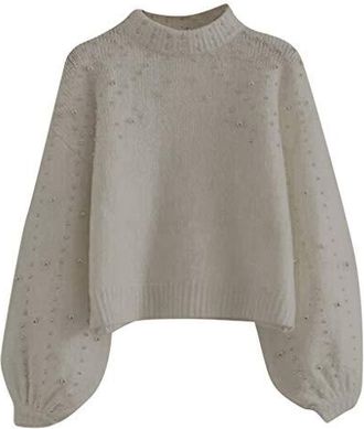 Generic Pulls Femme Mode Pullover En Tricot Ample Et Confortable Avec DéCoration De Perles Pull Chic Et Elegant Pull Col Roulé à Manches Longues Hauts Chandai