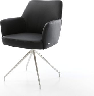 DELIFE Drehstuhl Xana-Flex mit Armlehnen Echt-Leder Schwarz Kreuzgestell konisch Edelstahl 180° drehbar Taschenfederkern, Esszimmerstühle