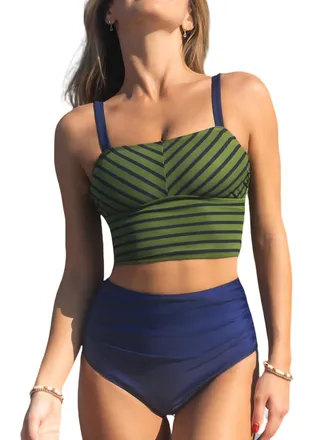 Cupshe Damen Tankini Set Eckiger Ausschnitt High Waist Bauchweg Crop Tank Top Tankini Bademode Zweiteiliger Badeanzug Swimsuit Olivgrün/Marineblau Gestreift 