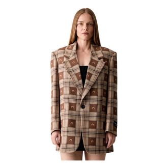 Marine Serre Blazer Boxy en Serg&eacute; de Laine Vierge - Femme - Vestes - Brun - Taille: 40 FR