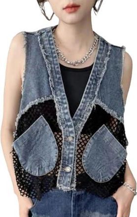 Generic Gilet en jean &agrave; col en V pour femme - Coutures en maille - Coupe ample - Style urbain d&eacute;contract&eacute; - Sans manches, bleu, XL