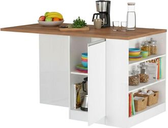 Dmora Dmora - K&uuml;cheninsel Osvaldo, zus&auml;tzlicher Ablagetisch, K&uuml;chenschrank mit 2 T&uuml;ren, 100 % Made in Italy, 160 x 90 x 90 cm, gl&auml;nzendes Wei&szlig; und Eiche