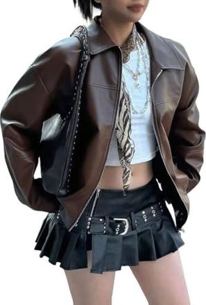 ORANDESIGNE Femme Veste Cuir Automne Blouson Veste Simili Cuir de Moto Fermeture &Eacute;clair Oversize Manteau Streetwear A Caf&eacute; XL