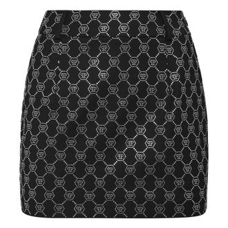 Philipp Plein Femme, Jupes, Noir, Taille: 42 FR Wool Mini Skirt Strass Monogram